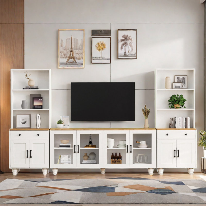 White tv stand with glass doors store